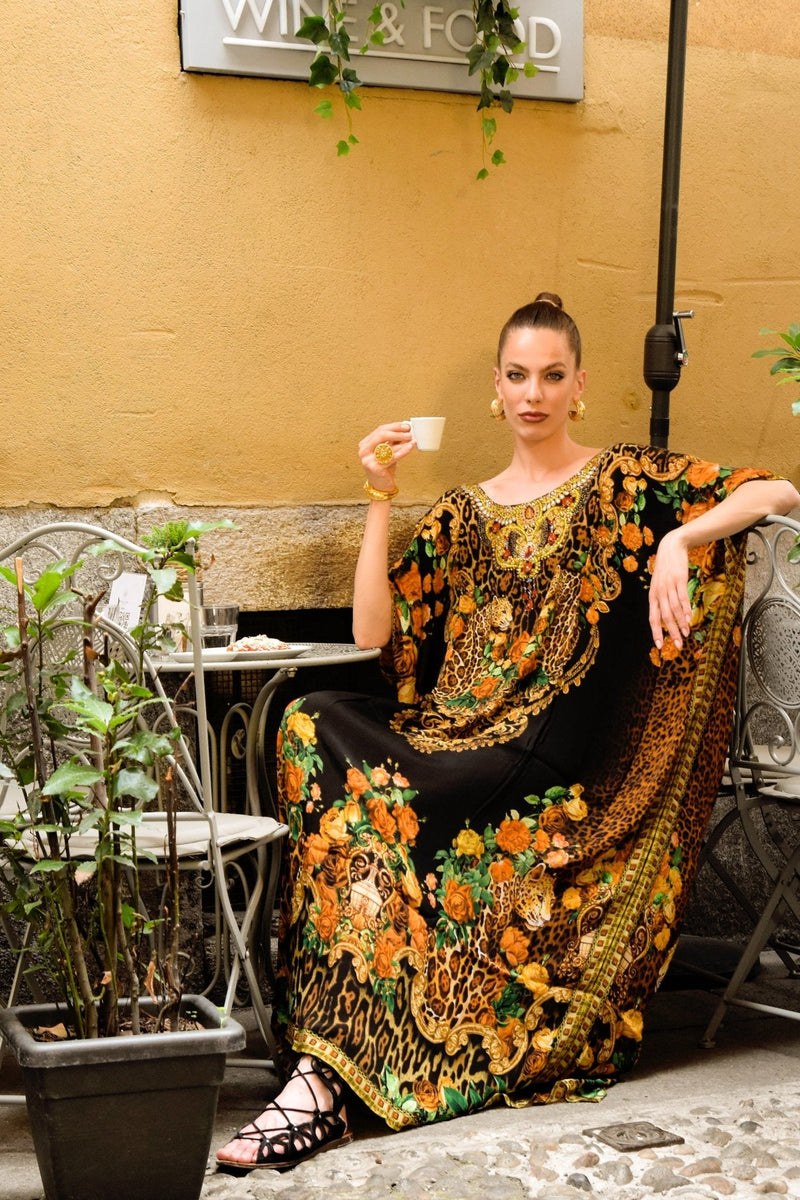 BLACK LEOPARDESS ROUND NECK LONG KAFTAN – Czarina USA